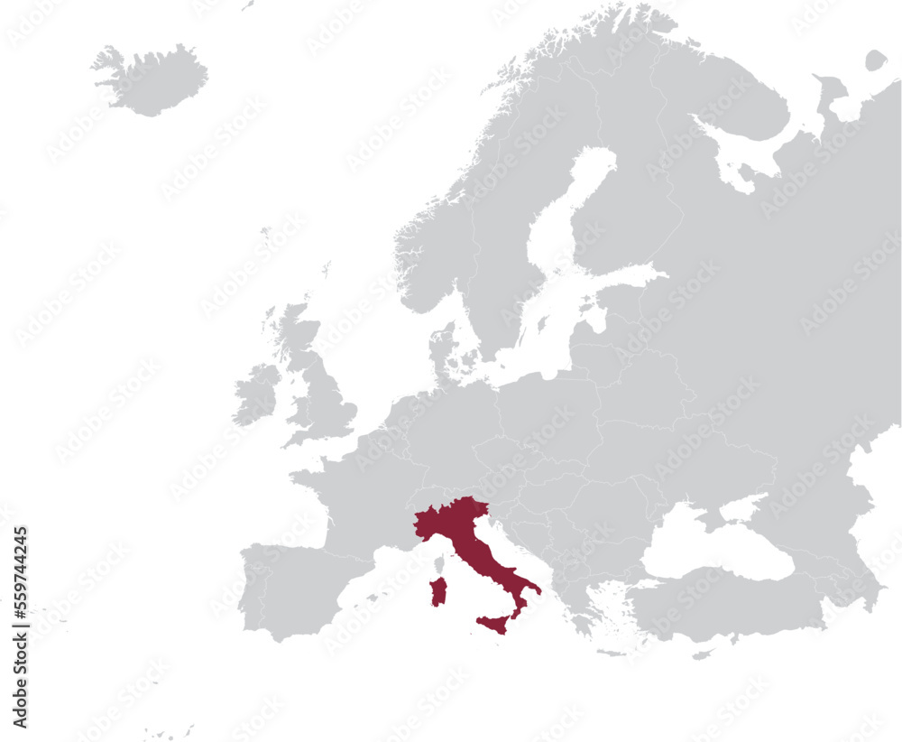 Maroon Map of Italy within gray map of European continent Stock Vector ...