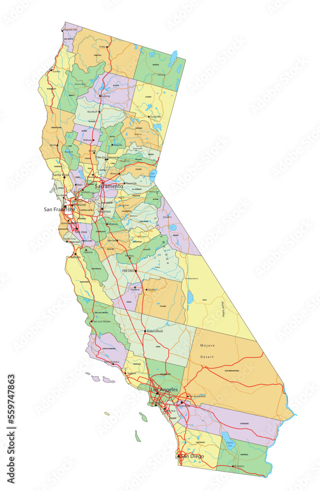 California - Highly detailed editable political map with labeling ...