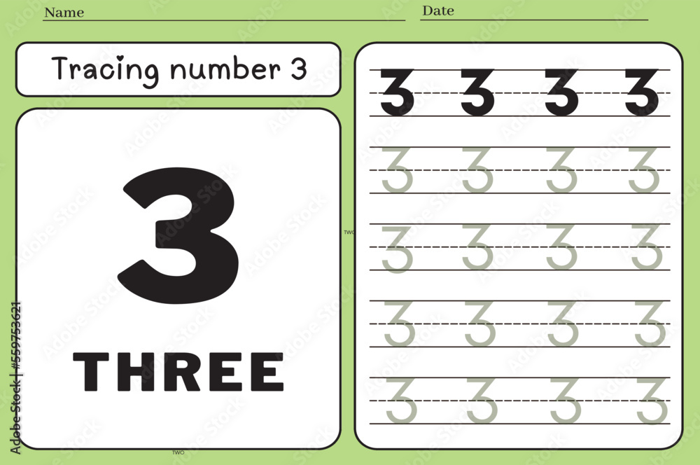 Number 3. tracing practice worksheet for kids learning to count and ...