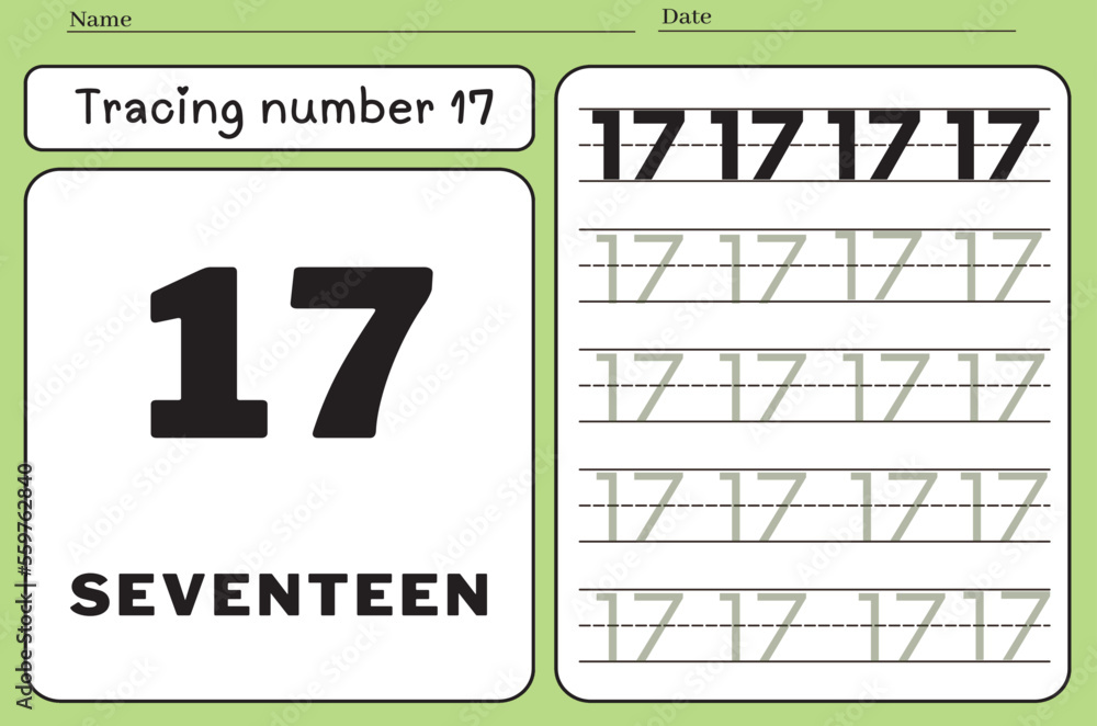 Number 17. tracing practice worksheet for kids learning to count and ...