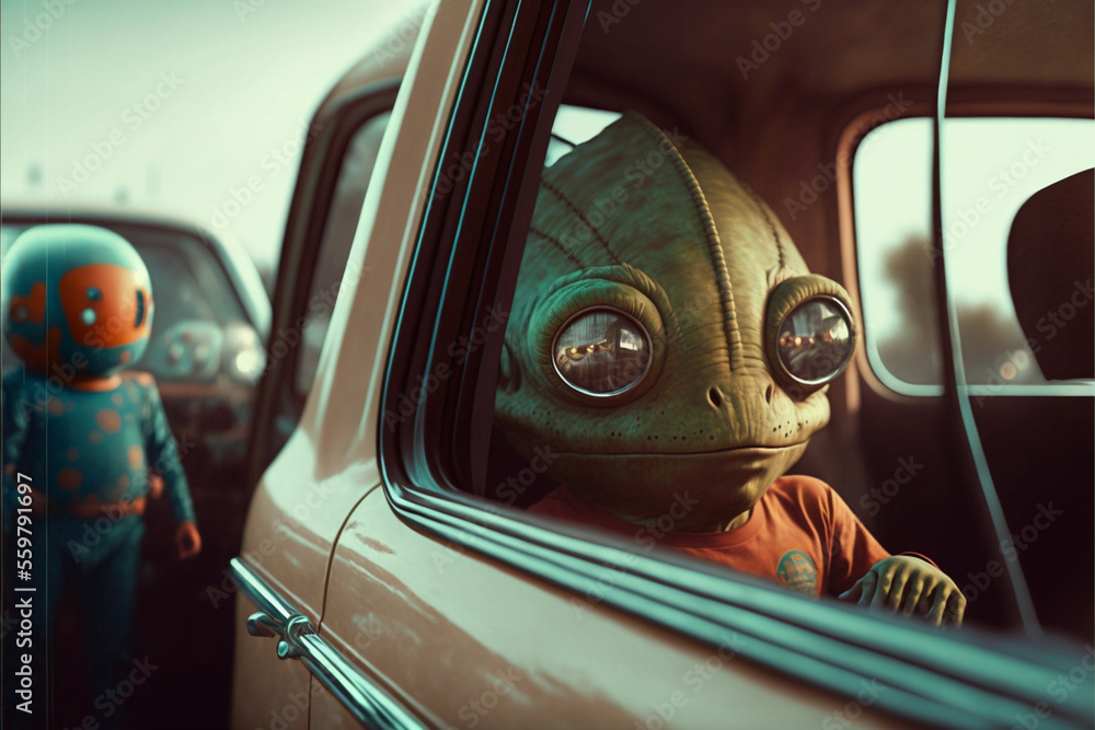 Cute alien monster sitting in the car stuck in traffic. Sad face with ...
