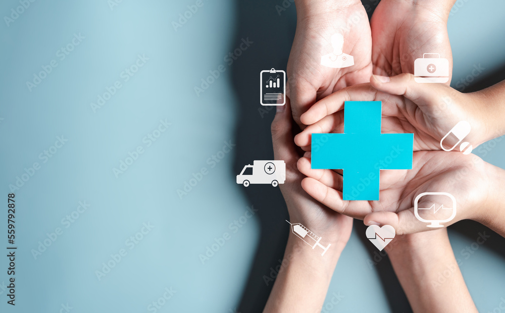 Health insurance concept. hand holding plus and healthcare medical icon ...
