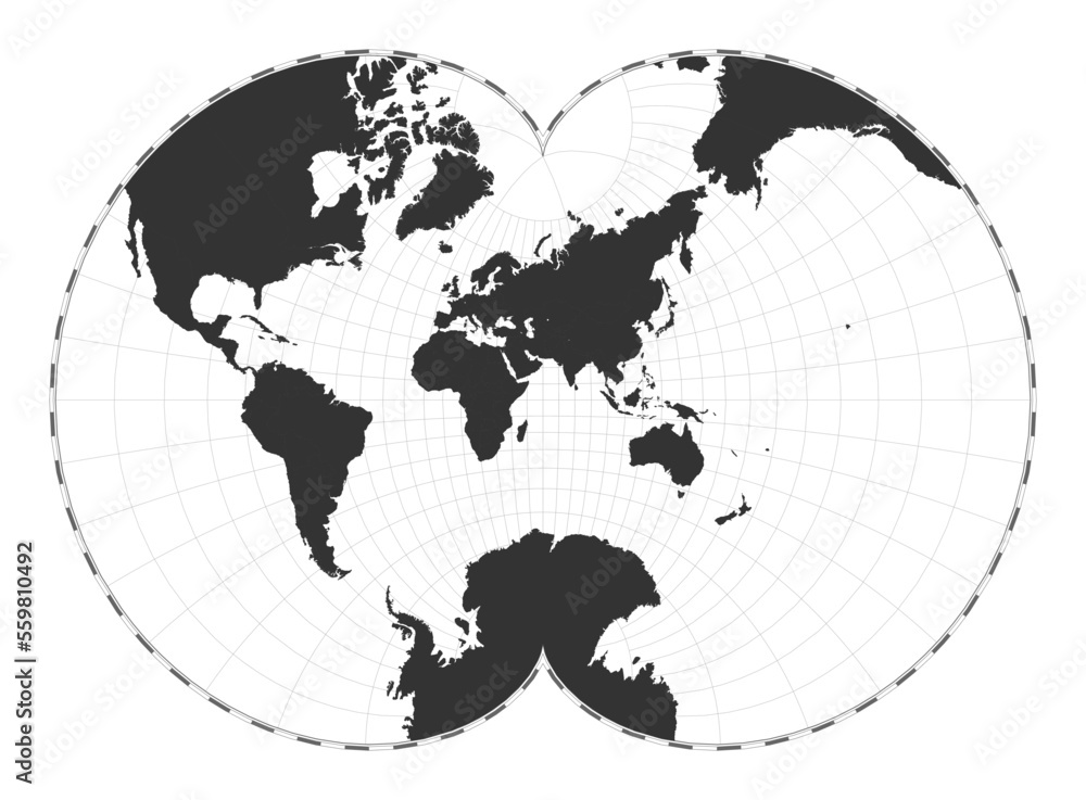 Vector world map. August's epicycloidal conformal projection. Plain ...