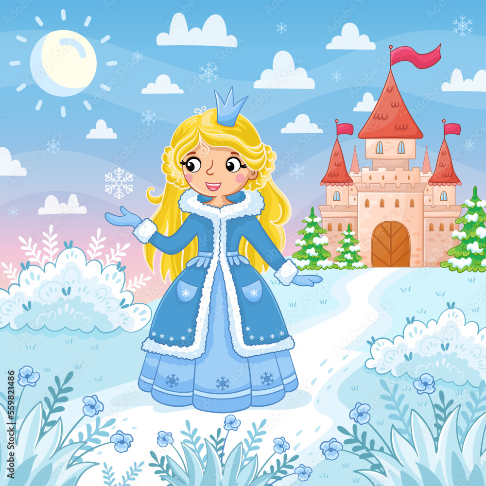 Cute little girl and princess in a blue beautiful dress on a winter ...