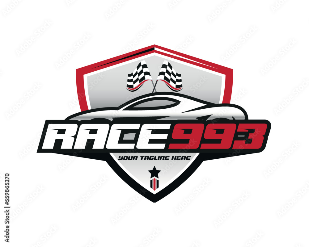 Sport Car Logo Shield Emblem Metallic Design with Race Flags Black and ...