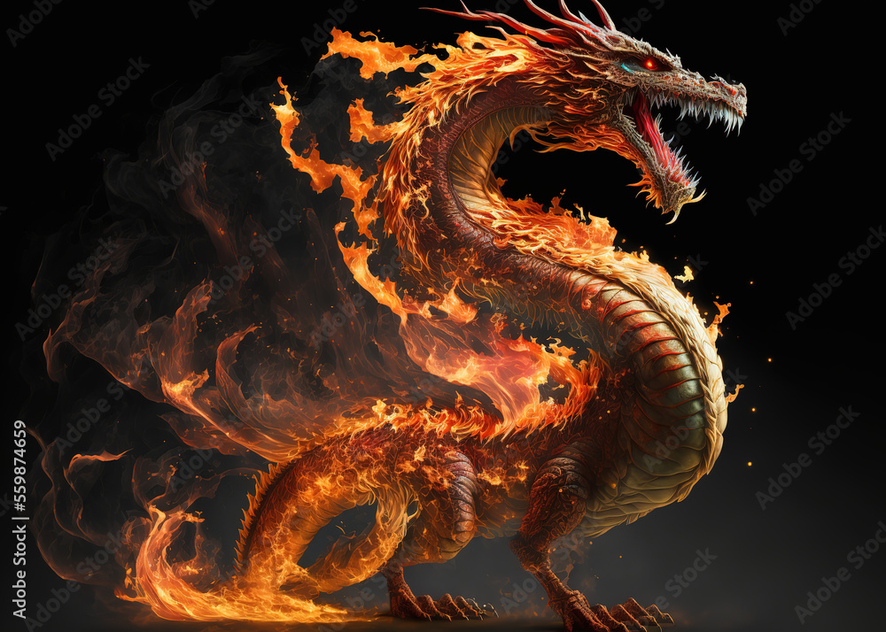 Fire breathes explode from a giant chinese dragon in a black night, the ...