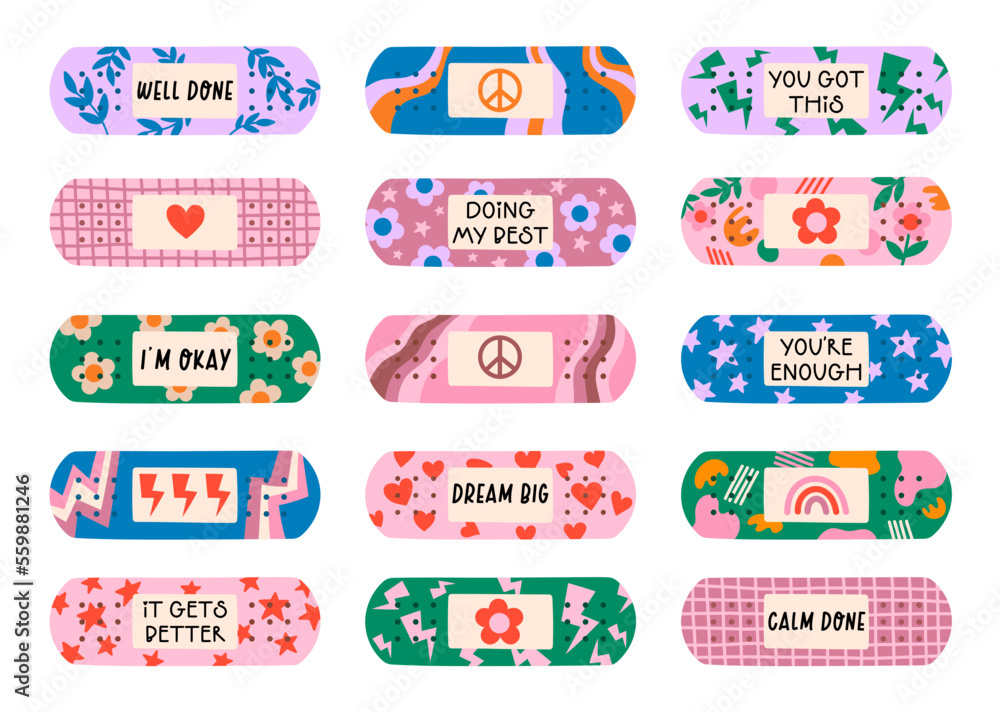 Band aid vector illustrations set. Colourful groovy patches ...