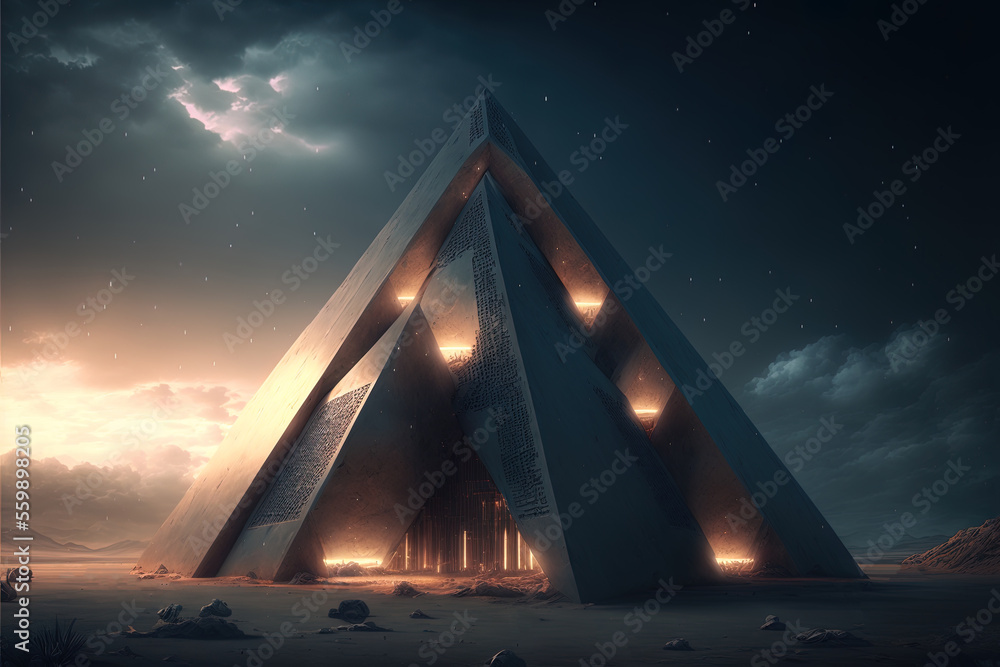 Sci-fi space background with pyramid. Science and technology platform ...