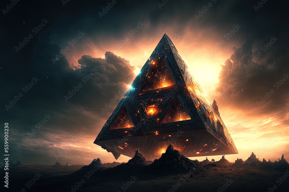 Sci-fi space background with pyramid. Science and technology platform ...