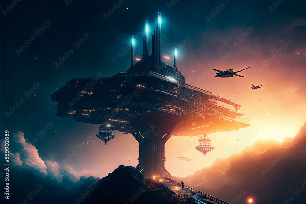 Sci-fi space background with giant platform. Science and technology ...