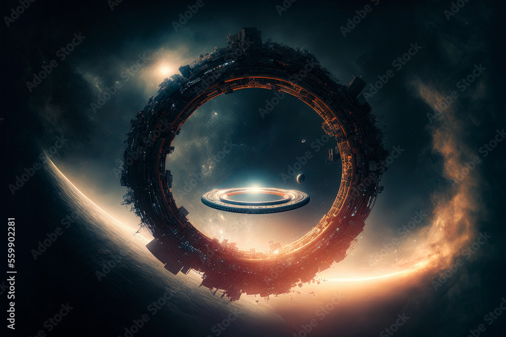 Intergalactic station, disk-shaped space platform. Science and ...