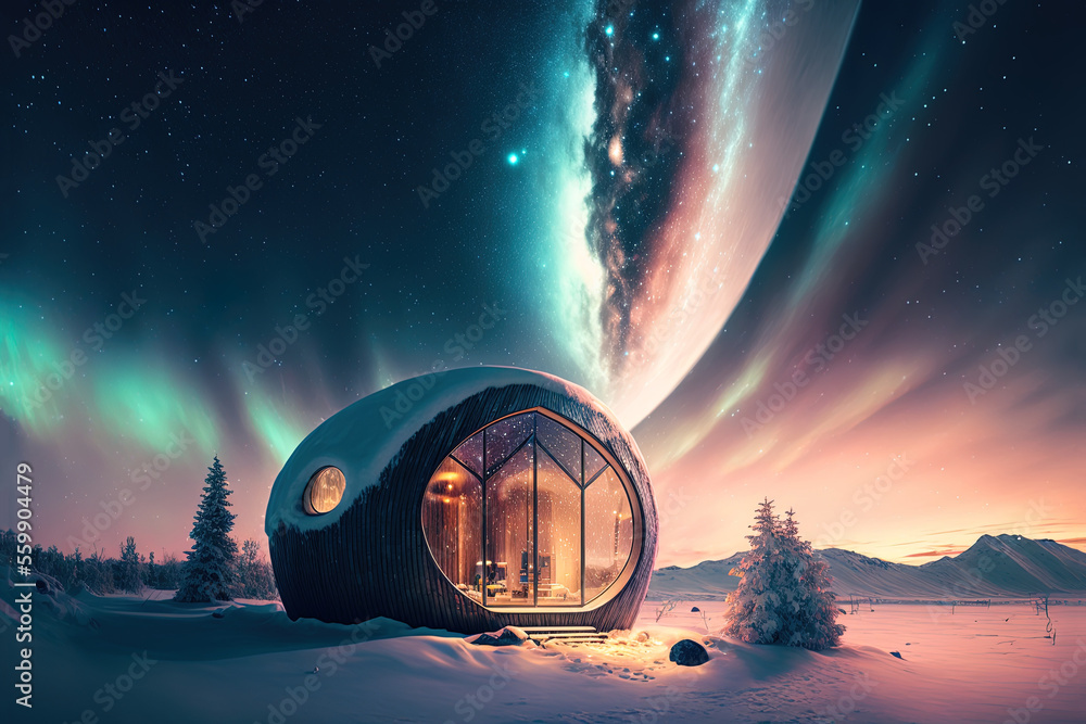 Northern lights at the edge of the north. A small house in the forest ...
