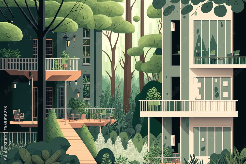 Green plants on the balconies of eco houses, and a municipal park with ...