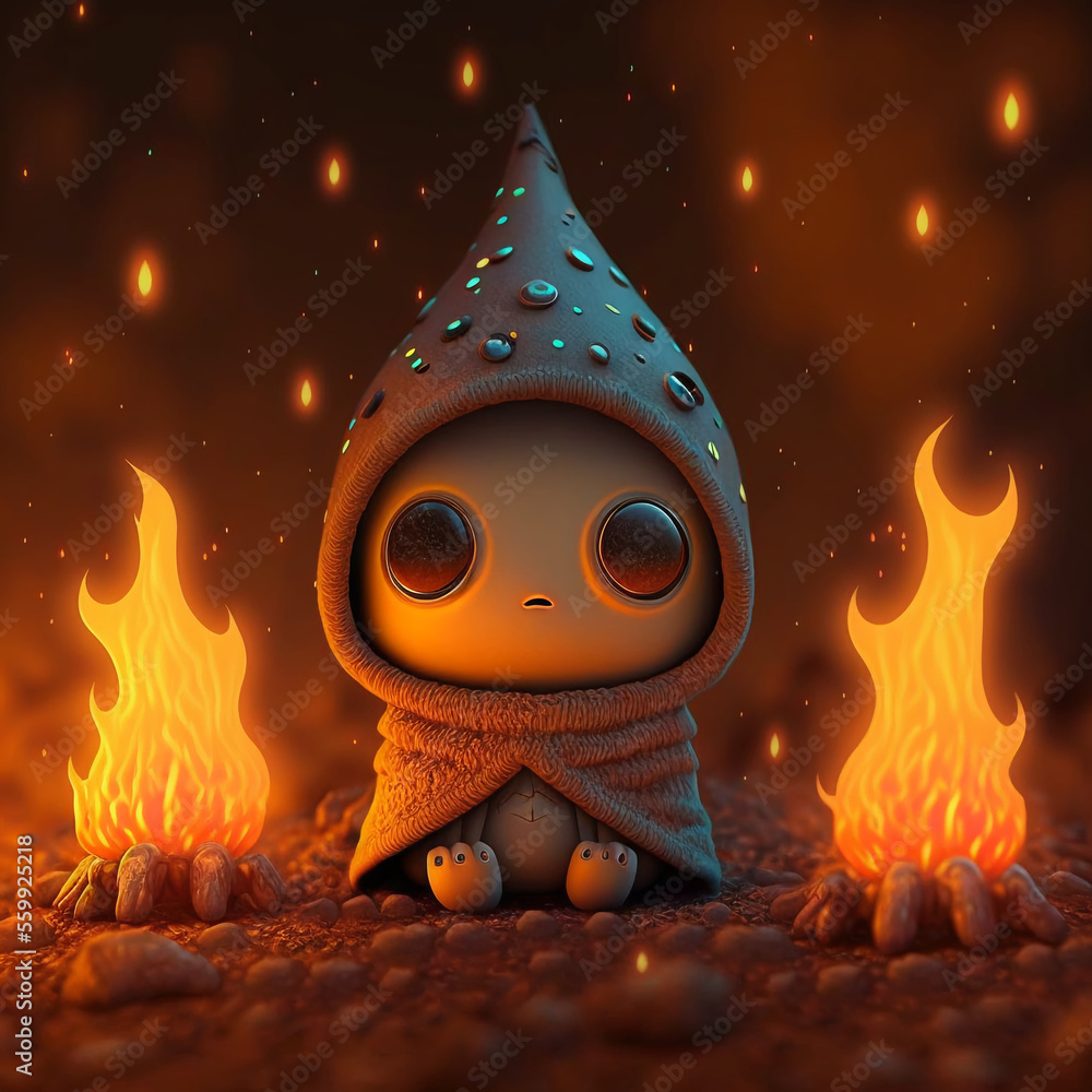 Chibi Cute Fire Elemental Alien Wearing a Jeweled Hat and Cloak Sits in ...