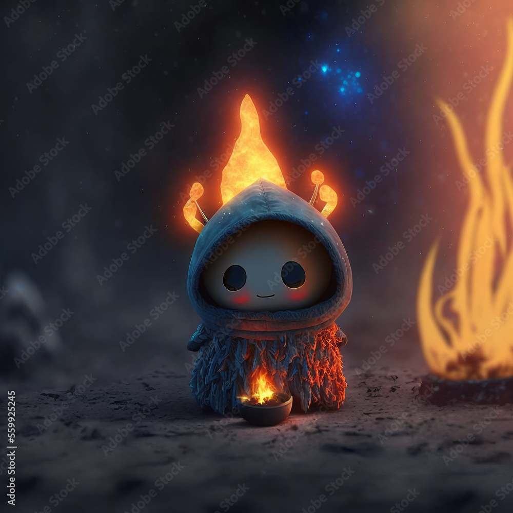 Ilustración de Stock Chibi Cute Fire Elemental Alien Wearing a Flaming ...
