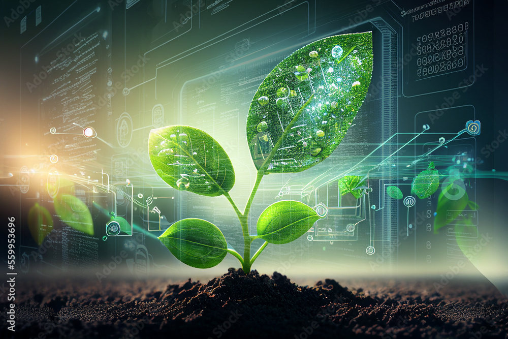 Green sprout on a computer chip. Organic digital background created ...