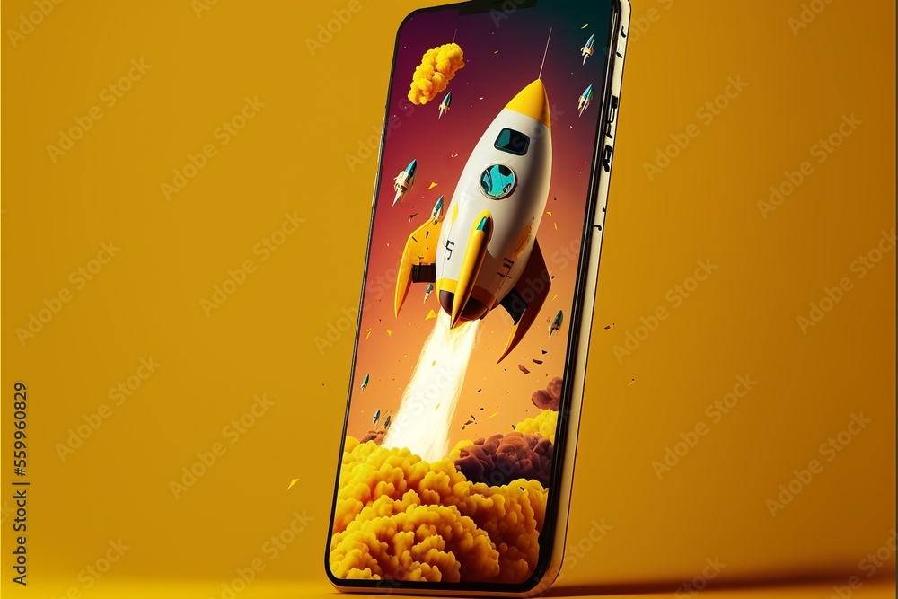 Rocket coming out of mobile phone screen, orange background. AI digital ...