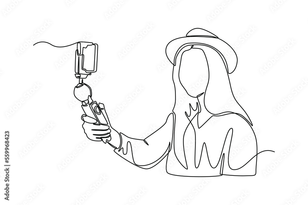 Single one line drawing young woman record live video on modern ...