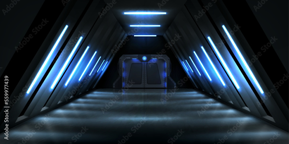 Vector de Stock Dark hall with closed metal door and neon blue lamp ...
