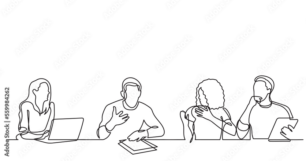 continuous line drawing of office workers team having discussion at ...