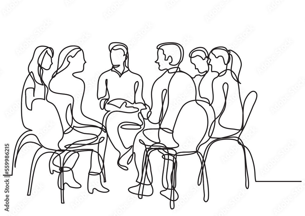 one line drawing group young people meeting - PNG image with ...