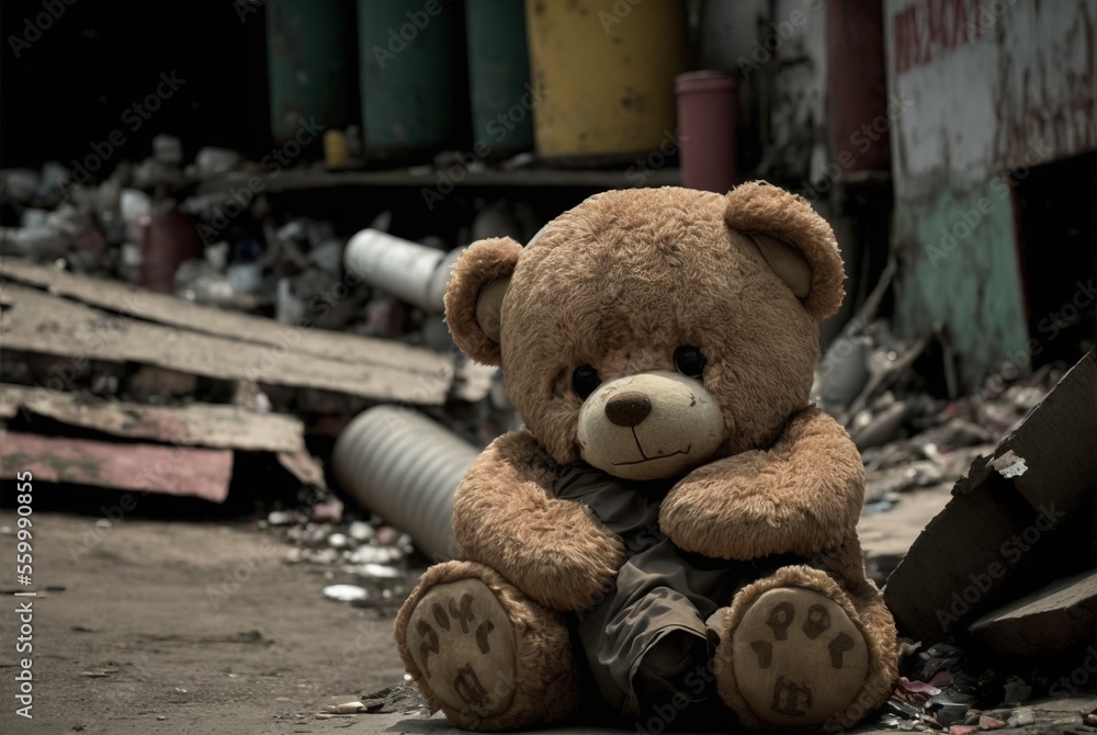Homeless teddy bear in dirty city slums alone and emotionally sad ...