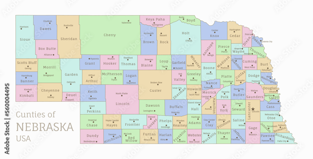 Counties of Nebraska, administrative map of USA federal state. Highly ...