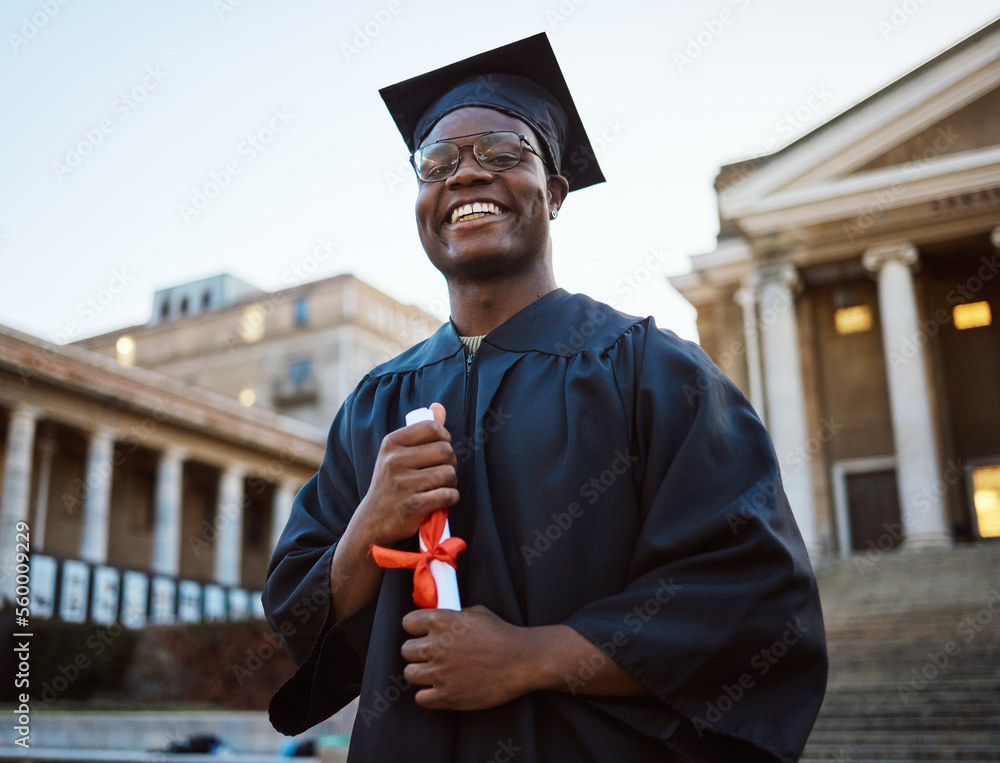 University diploma, graduation and portrait of a black man at campus to ...