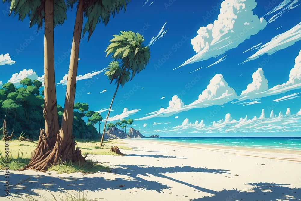 Deserted Anime Tropical Beach Background, Abstract Art, Digital ...