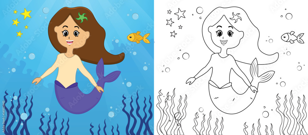 Cartoon mermaid coloring page no: 06 kids activity page with line art ...