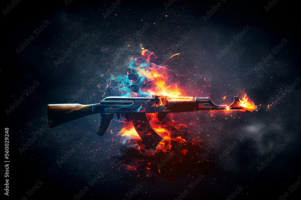 Burning AK-47 assault rifle made of fire, smoke and sparks on black ...