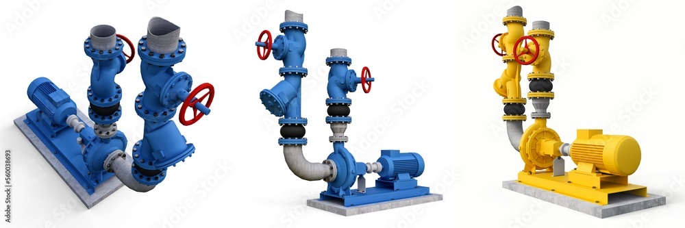 3D model of an industrial pump and pipe section with shut off valves on ...