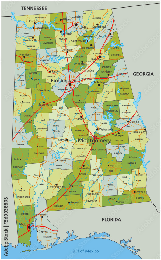 Highly detailed editable political map with separated layers. Alabama ...