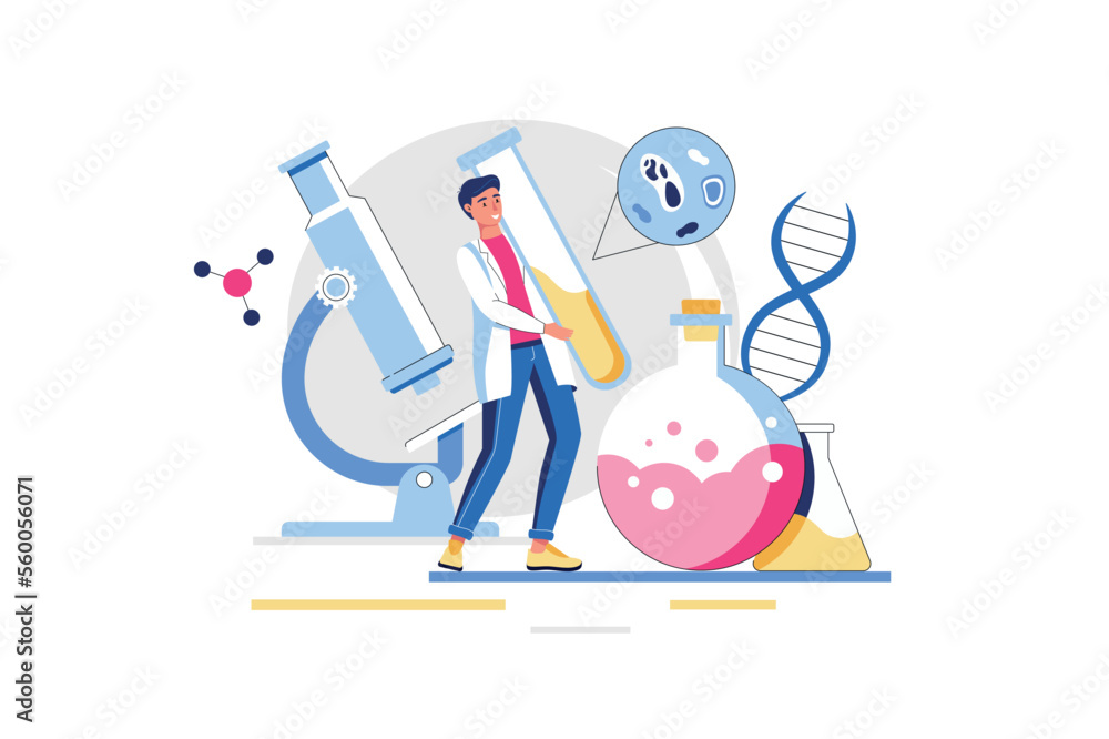 Vetor Science laboratory concept with people scene in flat design. Man ...