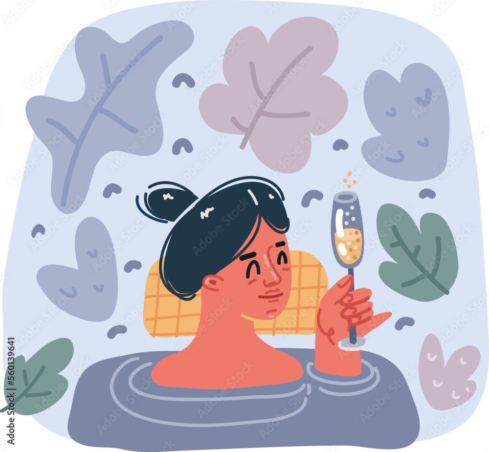Vector illustration of Woman in foam takes shower. Beauty and hygiene ...