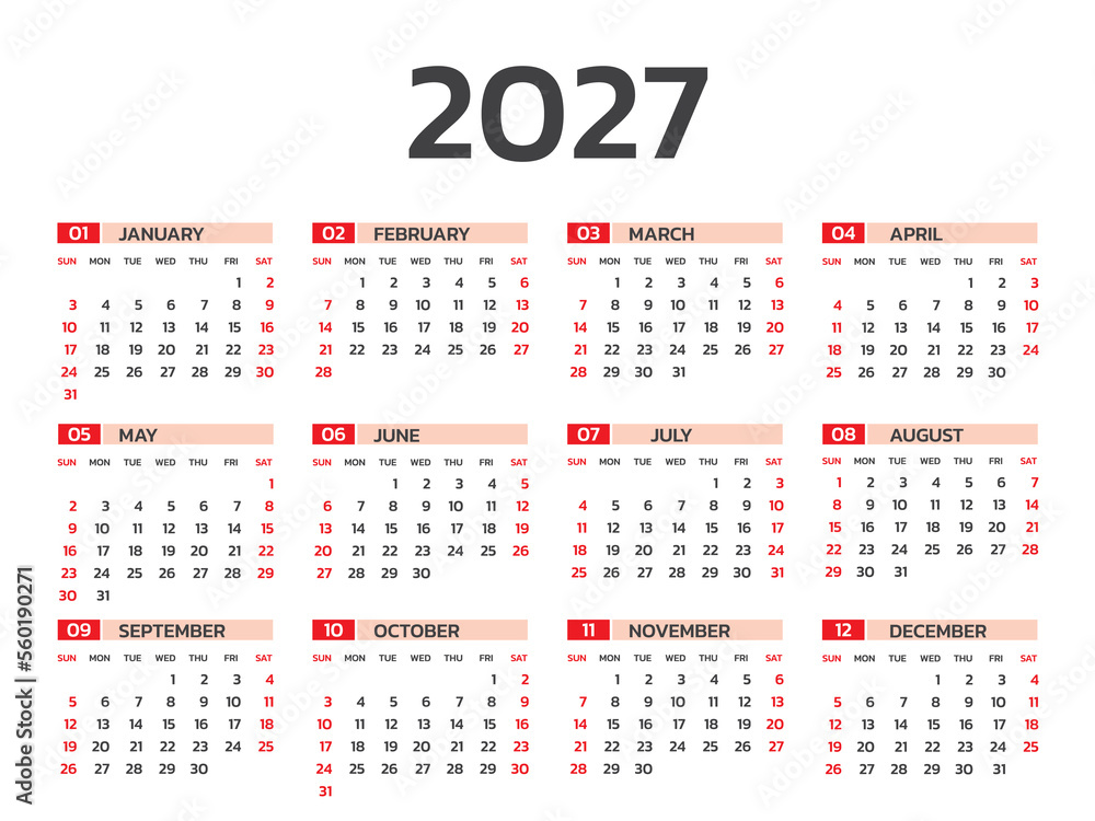 Calendar 2027 year vector illustration, Set of 12 calendar, week starts on Sunday, Simple ...