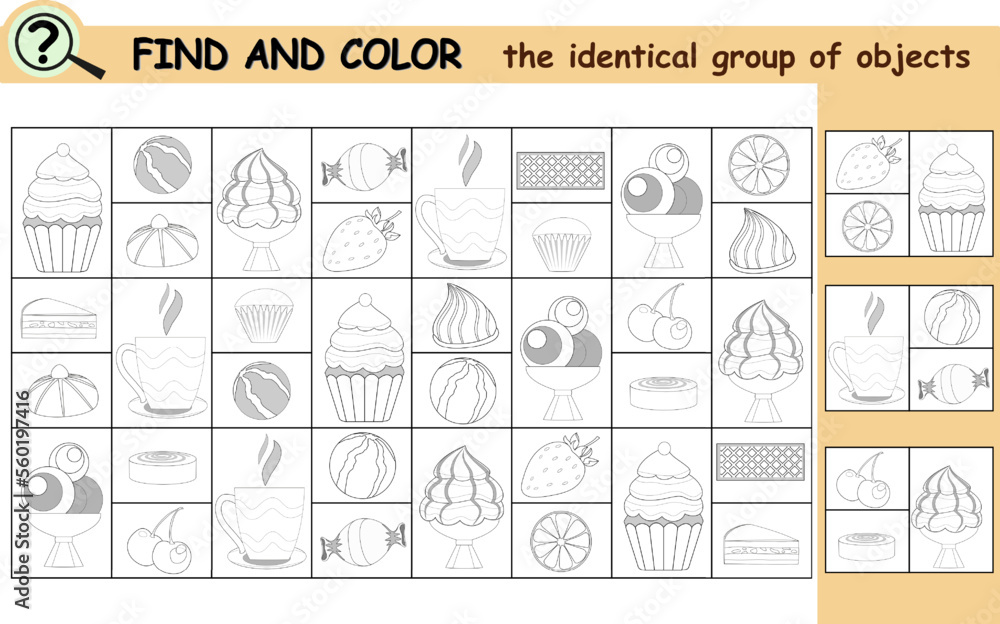 Find and color the identical group of objects. Coloring book page with ...