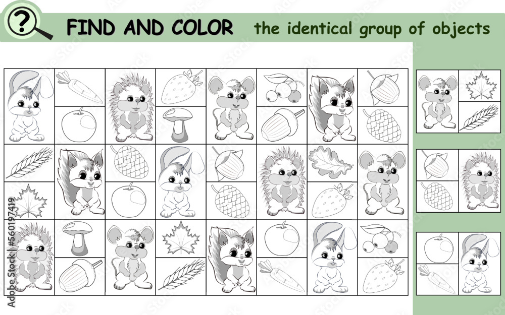 Find and color the identical group of objects. Coloring book page with ...