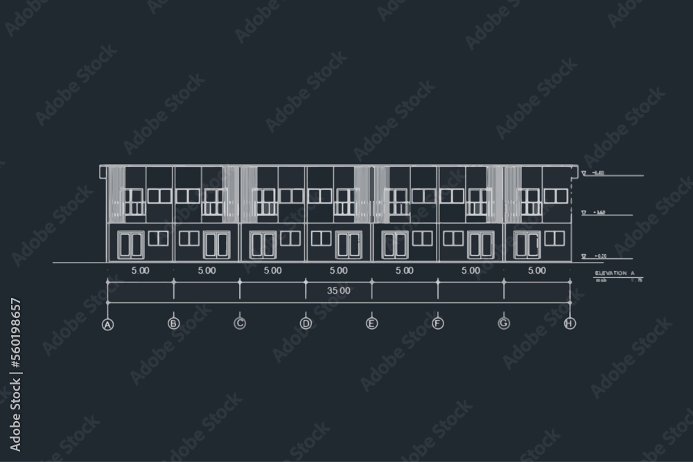Detailed townhouse elevation, floor plans, apartments layout. Elevation ...