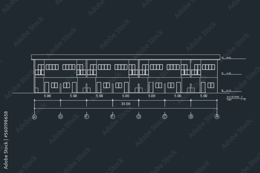 Detailed townhouse elevation, floor plans, apartments layout. Elevation ...