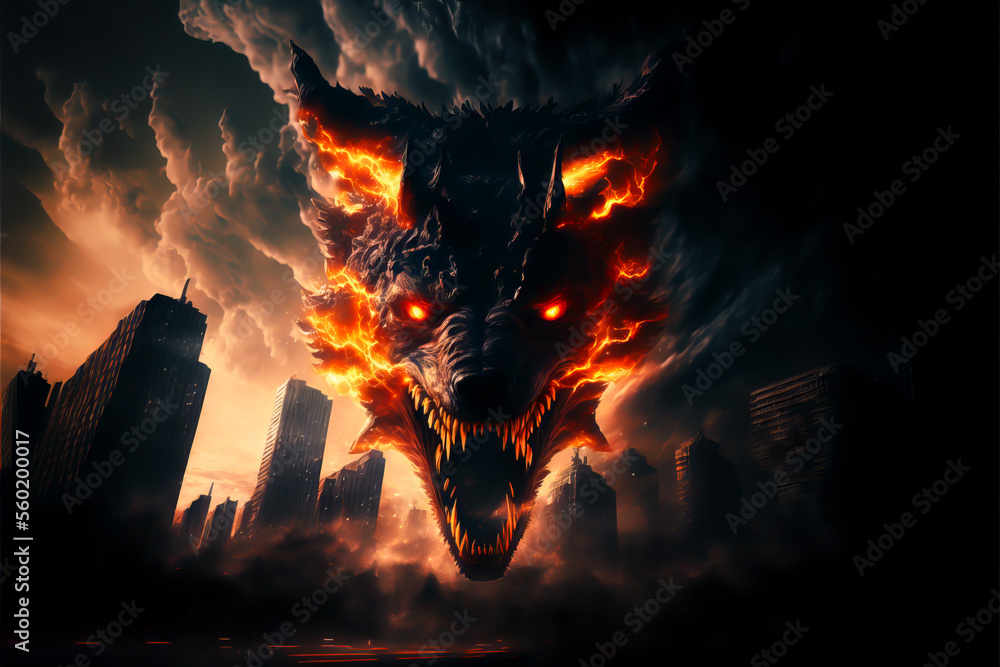 Mystical scandinavian beast wolf Fenrir destroying modern city. Fenrir ...