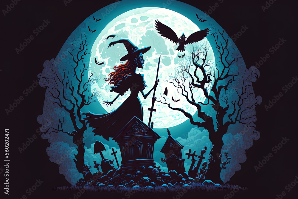 Ilustração Beautiful witch at night on graveyard. Redhead lady flying ...