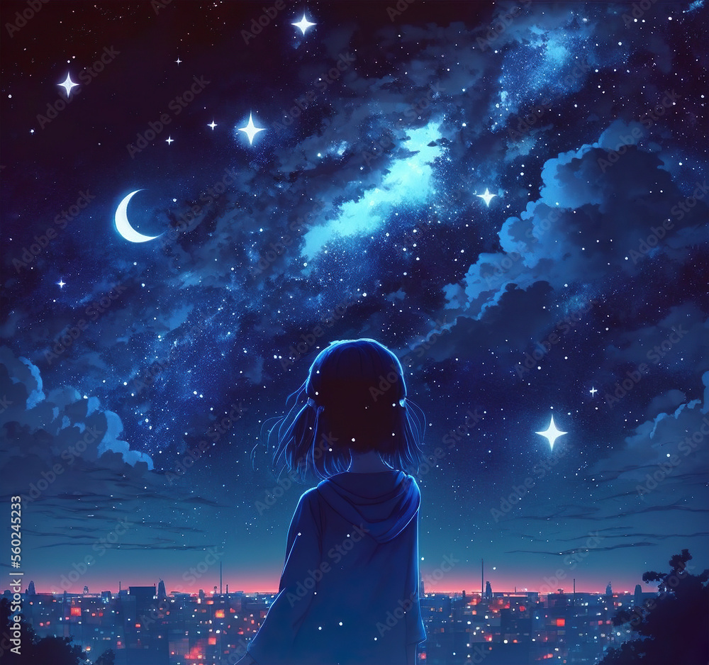 Illustration Stock alone anime girl watching the night stars | Adobe Stock