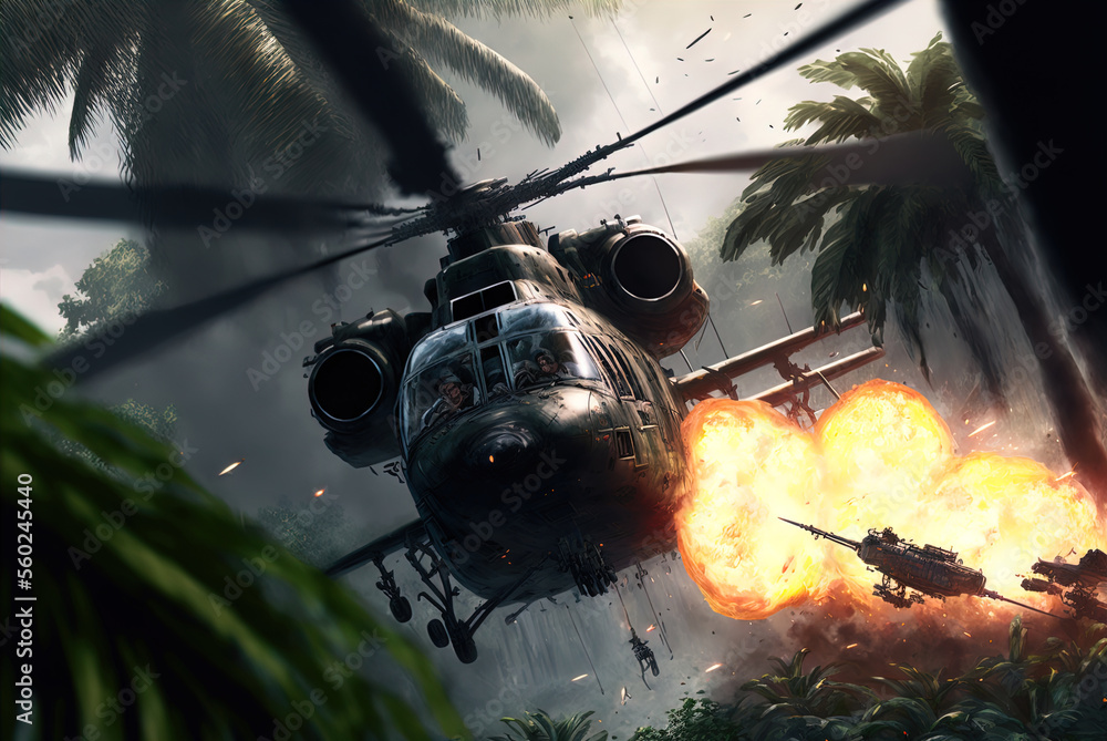 Ilustración de Stock Helicopter gunship rains down missile and machine ...