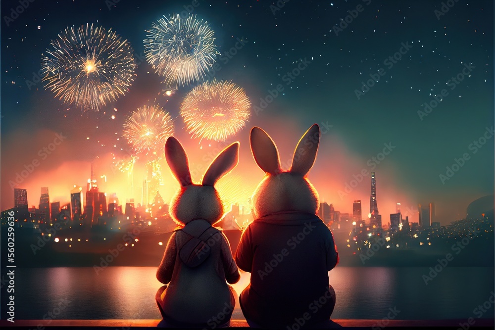 Rabbit couple watching fireworks over the city, 2023 Lunar New Years ...