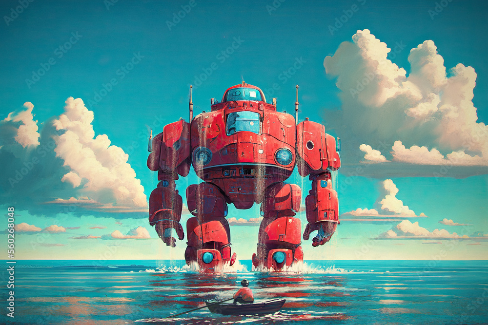 man on a boat looking at a red robot emerge from the sea, digital art ...