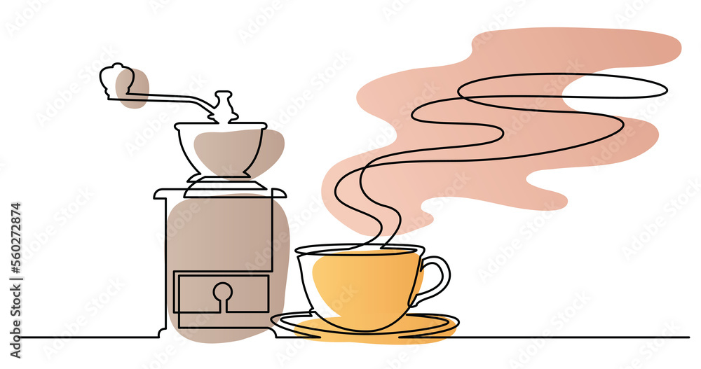continuous line drawing of hot aroma cup of coffee and vintage manual ...