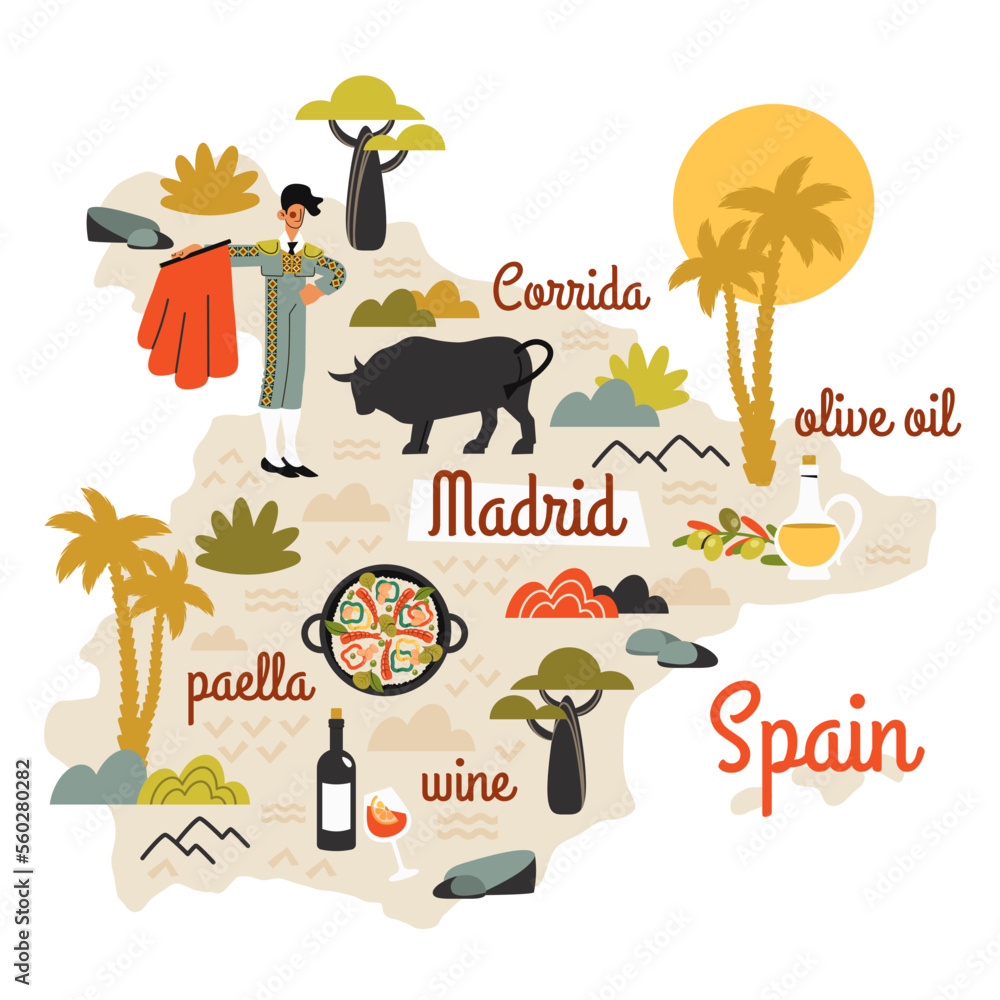 Spain map hand drawn with doodle elements. Tourist attractions ...