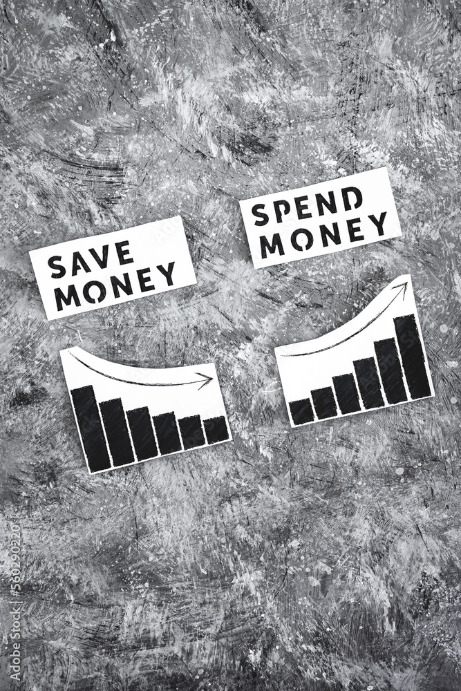 save money vs spend money texs side by side with graphs showing wealth ...