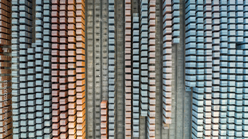 Aerial top view drywall gypsum boards at factory warehouse, building ...